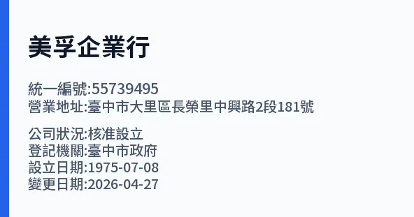美孚企業行的照片-統編 55739495(臺中市) 公司登記資料與營業項目詳細圖表