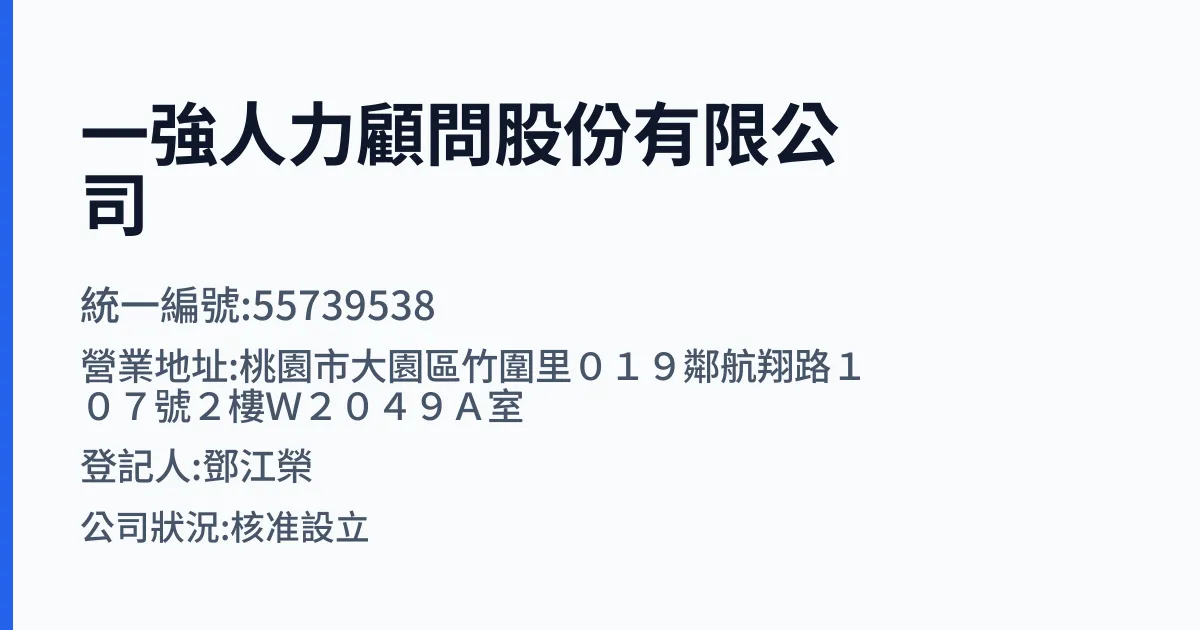 一強人力顧問股份有限公司 - 統編 55739538(桃園市) 公司登記資料與營業項目詳細圖表