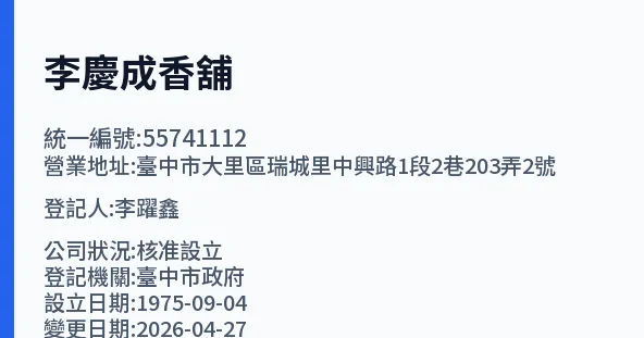 李慶成香舖的照片-統編 55741112(臺中市) 公司登記資料與營業項目詳細圖表