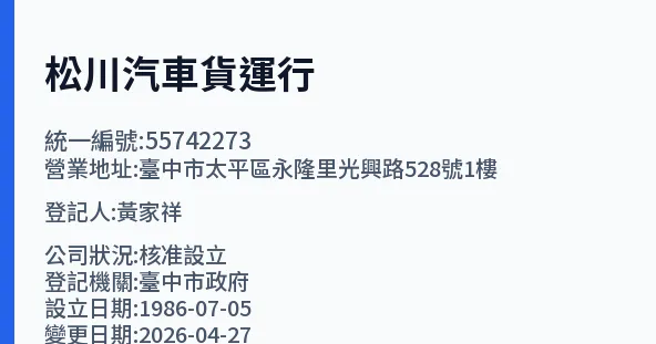 松川汽車貨運行的照片-統編 55742273(臺中市) 公司登記資料與營業項目詳細圖表
