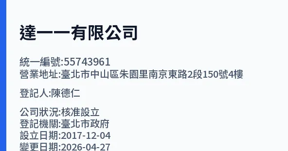 達一一有限公司的照片-統編 55743961(臺北市) 公司登記資料與營業項目詳細圖表