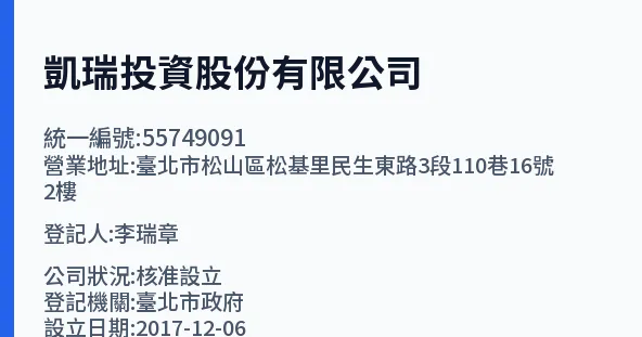 凱瑞投資股份有限公司的照片-統編 55749091(臺北市) 公司登記資料與營業項目詳細圖表