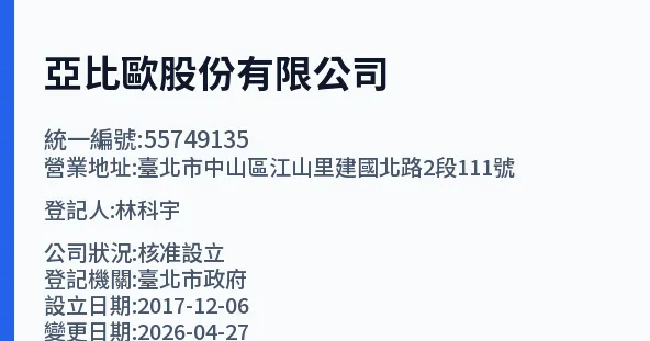 亞比歐股份有限公司的照片-統編 55749135(臺北市) 公司登記資料與營業項目詳細圖表