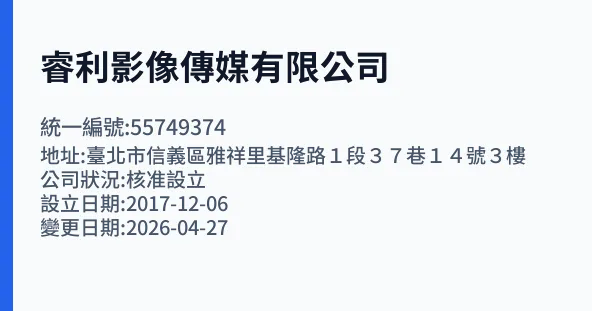 睿利影像傳媒有限公司的照片-統編 55749374(臺北市) 公司登記資料與營業項目詳細圖表