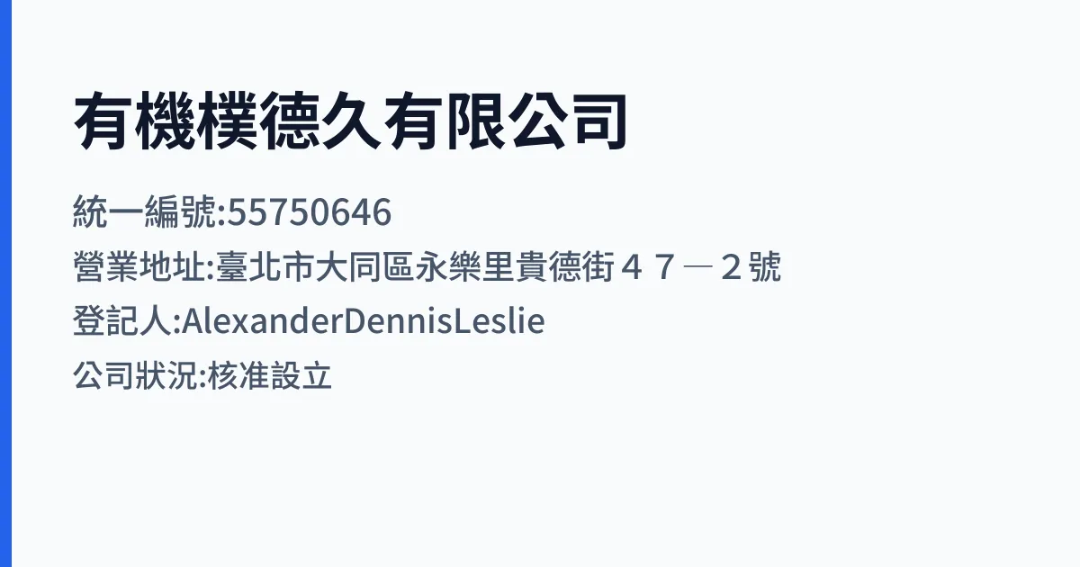 有機樸德久有限公司 - 統編 55750646(臺北市) 公司登記資料與營業項目詳細圖表
