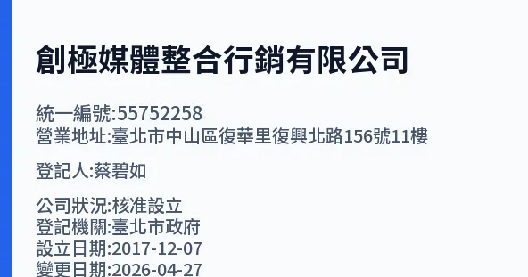 創極媒體整合行銷有限公司的照片-統編 55752258(臺北市) 公司登記資料與營業項目詳細圖表