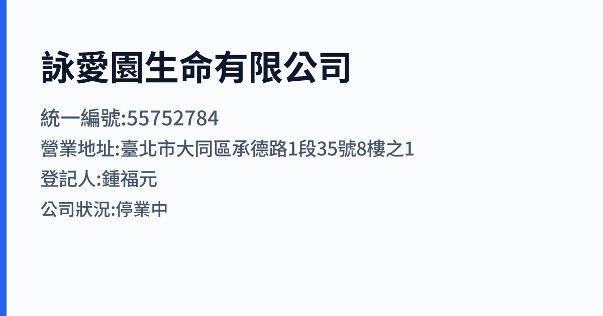 詠愛園生命有限公司 - 統編 55752784(臺北市) 公司登記資料與營業項目詳細圖表