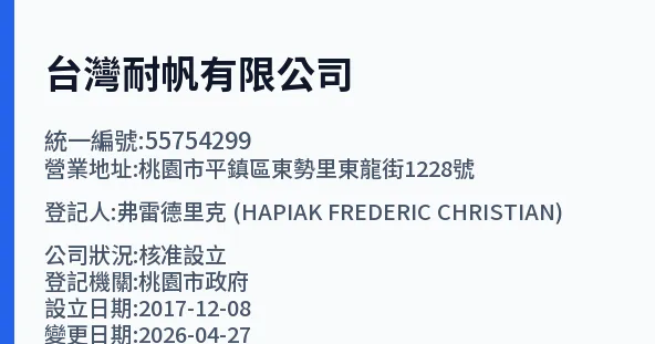 台灣耐帆有限公司的照片-統編 55754299(桃園市) 公司登記資料與營業項目詳細圖表