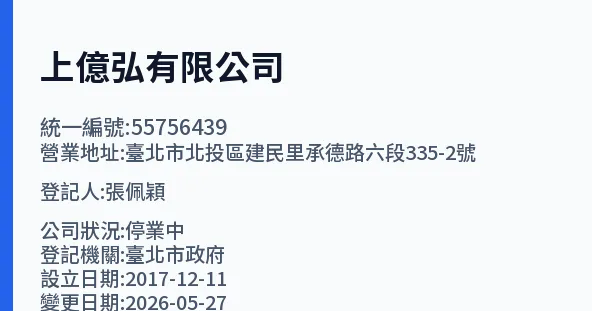 上億弘有限公司的照片-統編 55756439(臺北市) 公司登記資料與營業項目詳細圖表