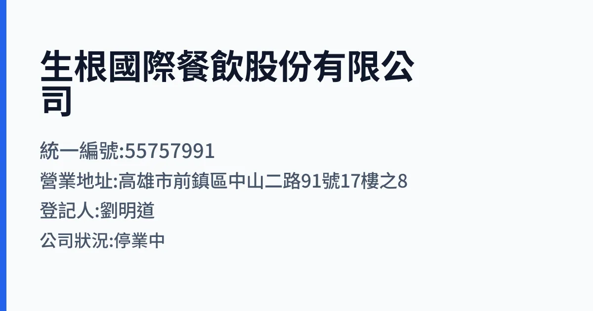 生根國際餐飲股份有限公司 - 統編 55757991(高雄市) 公司登記資料與營業項目詳細圖表