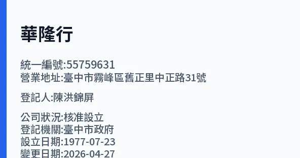 華隆行的照片-統編 55759631(臺中市) 公司登記資料與營業項目詳細圖表