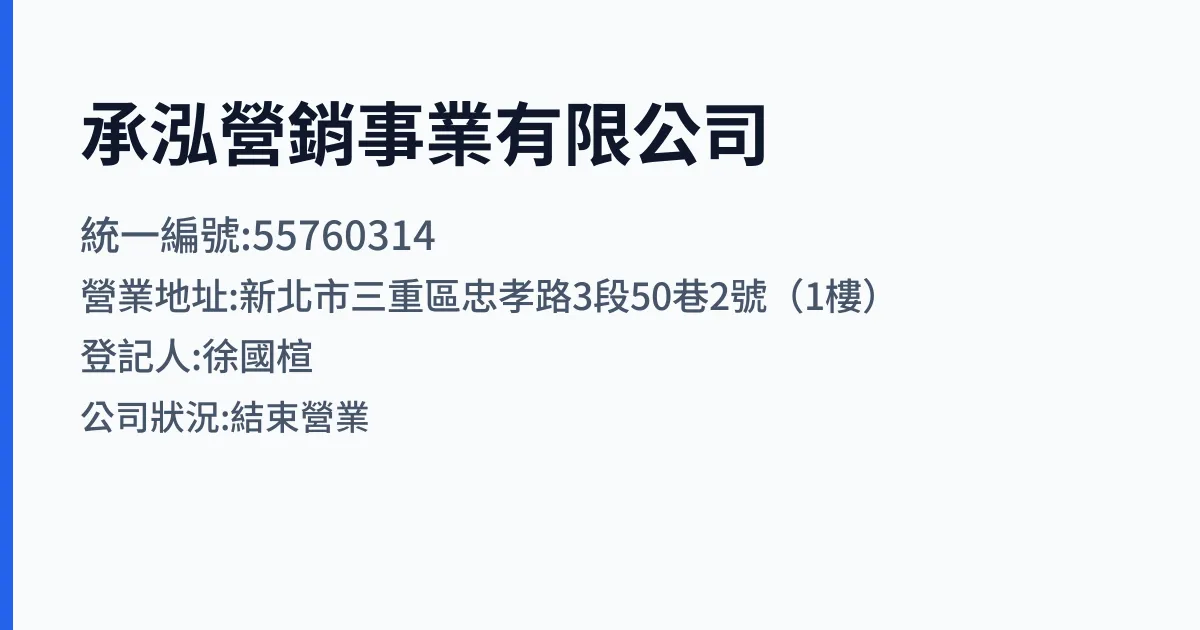承泓營銷事業有限公司 - 統編 55760314(新北市) 公司登記資料與營業項目詳細圖表