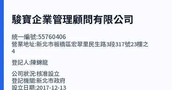 駿寶企業管理顧問有限公司的照片-統編 55760406(新北市) 公司登記資料與營業項目詳細圖表
