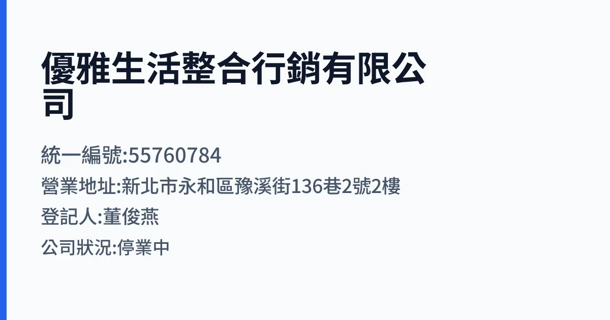 優雅生活整合行銷有限公司 - 統編 55760784(新北市) 公司登記資料與營業項目詳細圖表