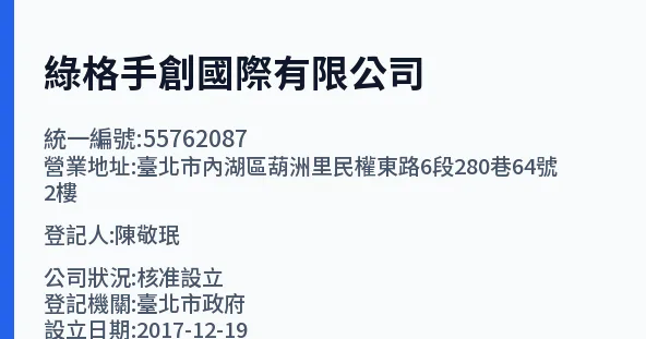 綠格手創國際有限公司的照片-統編 55762087(臺北市) 公司登記資料與營業項目詳細圖表