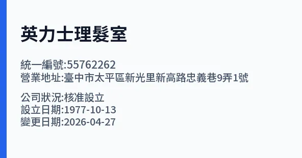 英力士理髮室的照片-統編 55762262(臺中市) 公司登記資料與營業項目詳細圖表