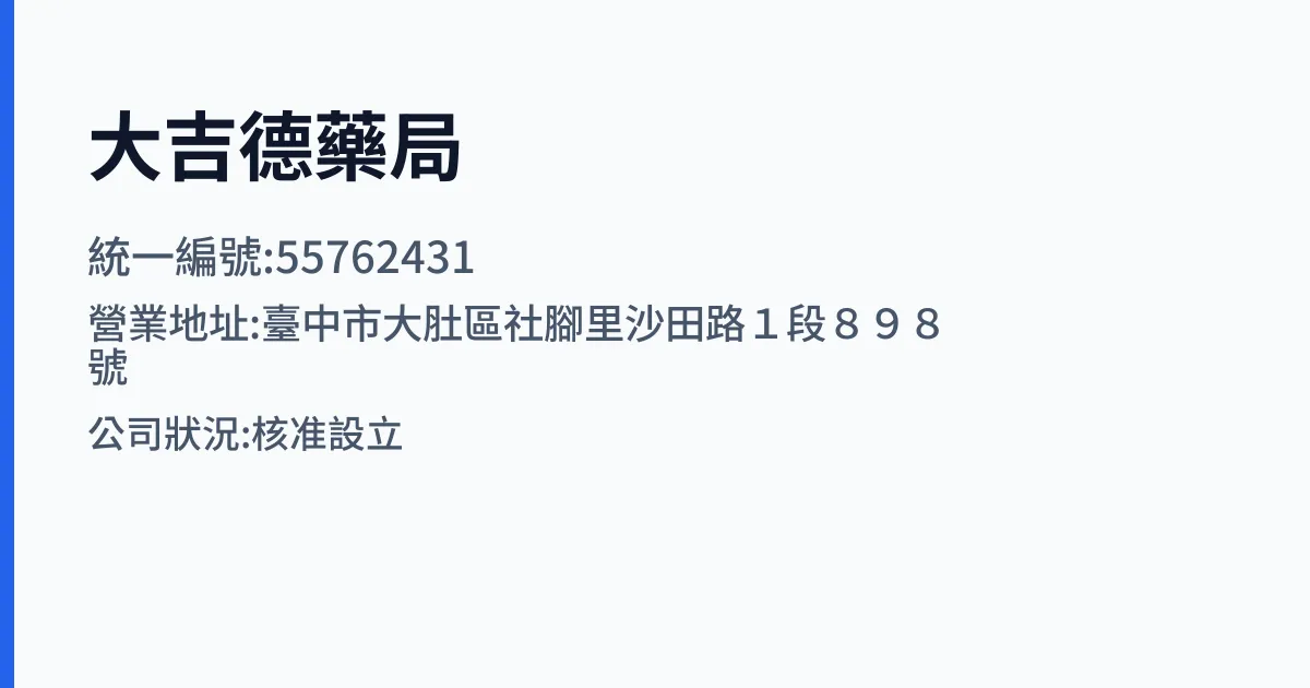 大吉德藥局 - 統編 55762431(臺中市) 公司登記資料與營業項目詳細圖表