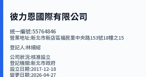 彼力恩國際有限公司的照片-統編 55764846(新北市) 公司登記資料與營業項目詳細圖表