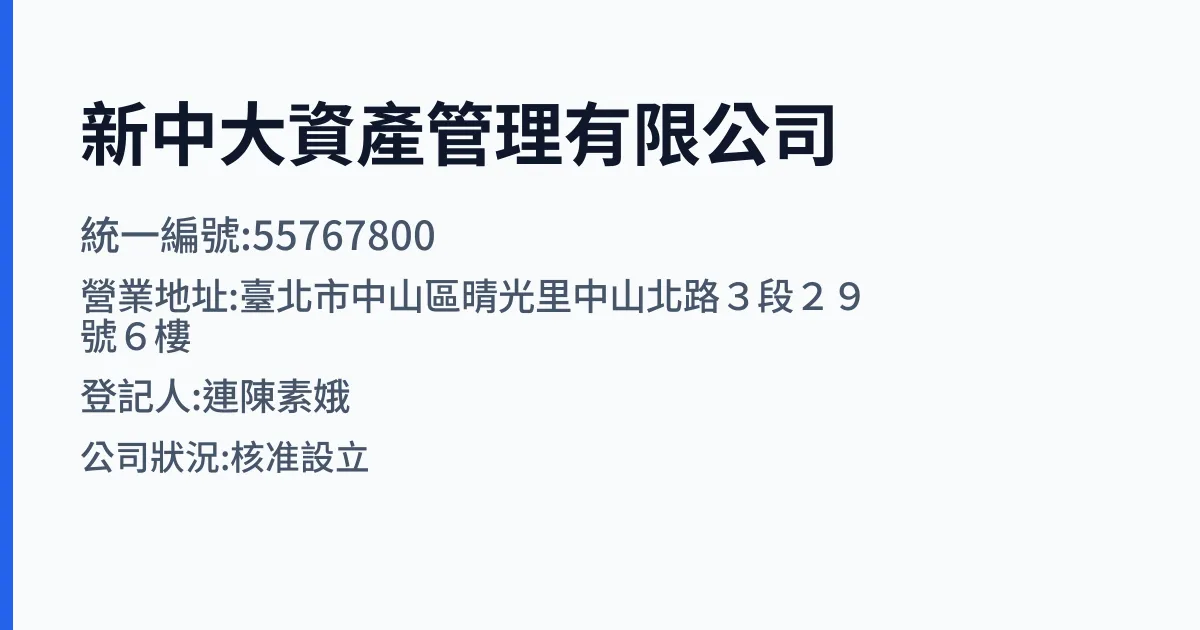 新中大資產管理有限公司 - 統編 55767800(臺北市) 公司登記資料與營業項目詳細圖表