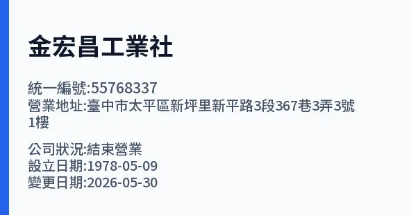 金宏昌工業社的照片-統編 55768337(臺中市) 公司登記資料與營業項目詳細圖表