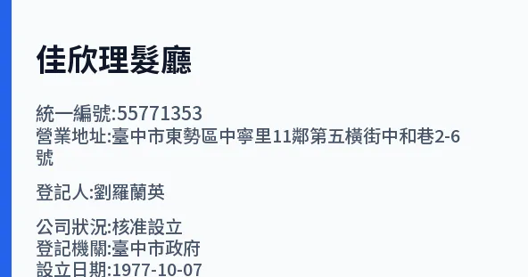 佳欣理髮廳的照片-統編 55771353(臺中市) 公司登記資料與營業項目詳細圖表