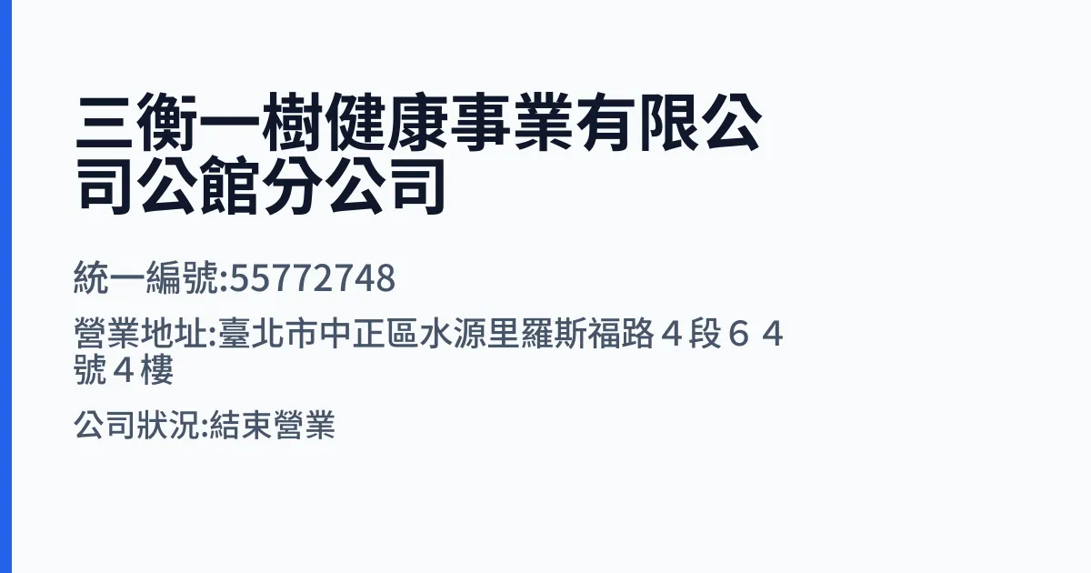 三衡一樹健康事業有限公司公館分公司 - 統編 55772748(臺北市) 公司登記資料與營業項目詳細圖表