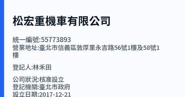 松宏重機車有限公司的照片-統編 55773893(臺北市) 公司登記資料與營業項目詳細圖表