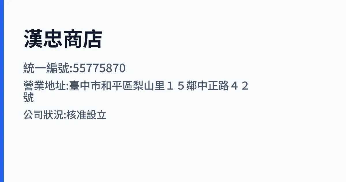 漢忠商店 - 統編 55775870(臺中市) 公司登記資料與營業項目詳細圖表