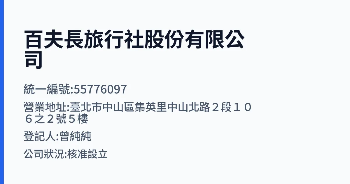 百夫長旅行社股份有限公司 - 統編 55776097(臺北市) 公司登記資料與營業項目詳細圖表