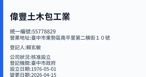 偉豐土木包工業的照片-統編 55778829(臺中市) 公司登記資料與營業項目詳細圖表