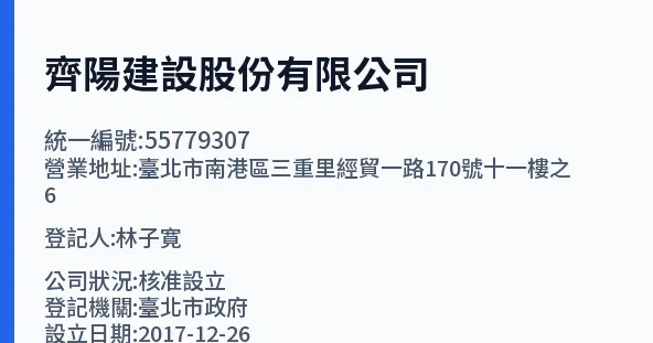 齊陽建設股份有限公司的照片-統編 55779307(臺北市) 公司登記資料與營業項目詳細圖表