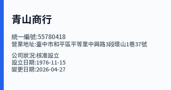 青山商行的照片-統編 55780418(臺中市) 公司登記資料與營業項目詳細圖表