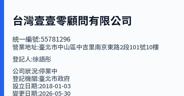 台灣壹壹零顧問有限公司的照片-統編 55781296(臺北市) 公司登記資料與營業項目詳細圖表