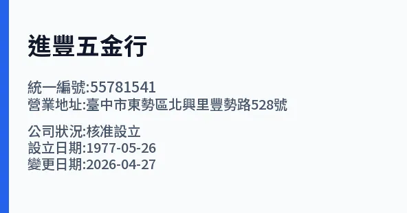 進豐五金行的照片-統編 55781541(臺中市) 公司登記資料與營業項目詳細圖表