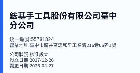鋐基手工具股份有限公司臺中分公司的照片-統編 55781824(臺中市) 公司登記資料與營業項目詳細圖表