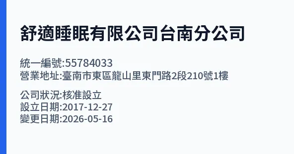舒適睡眠有限公司台南分公司的照片-統編 55784033(臺南市) 公司登記資料與營業項目詳細圖表