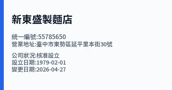 新東盛製麵店的照片-統編 55785650(臺中市) 公司登記資料與營業項目詳細圖表