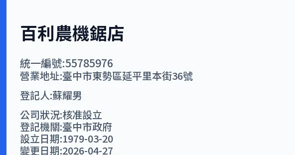 百利農機鋸店的照片-統編 55785976(臺中市) 公司登記資料與營業項目詳細圖表
