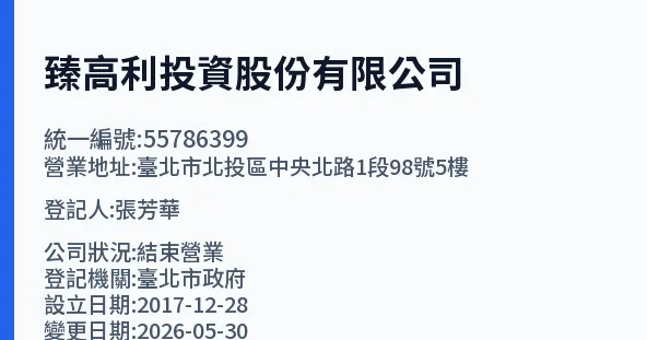 臻高利投資股份有限公司的照片-統編 55786399(臺北市) 公司登記資料與營業項目詳細圖表