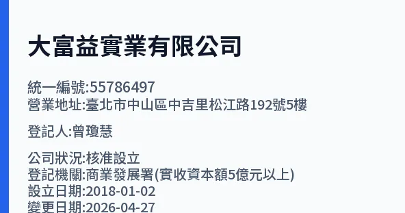 大富益實業有限公司的照片-統編 55786497(臺北市) 公司登記資料與營業項目詳細圖表