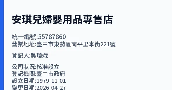 安琪兒婦嬰用品專售店的照片-統編 55787860(臺中市) 公司登記資料與營業項目詳細圖表