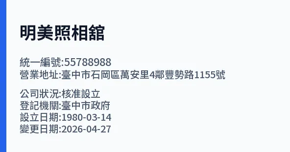 明美照相舘的照片-統編 55788988(臺中市) 公司登記資料與營業項目詳細圖表