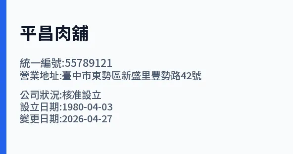 平昌肉舖的照片-統編 55789121(臺中市) 公司登記資料與營業項目詳細圖表
