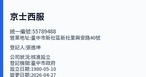 京士西服的照片-統編 55789488(臺中市) 公司登記資料與營業項目詳細圖表