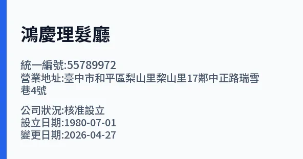 鴻慶理髮廳的照片-統編 55789972(臺中市) 公司登記資料與營業項目詳細圖表
