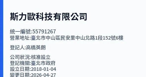 斯力歐科技有限公司的照片-統編 55791267(臺北市) 公司登記資料與營業項目詳細圖表