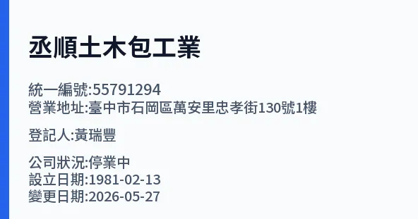 丞順土木包工業的照片-統編 55791294(臺中市) 公司登記資料與營業項目詳細圖表