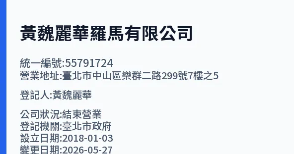 黃魏麗華羅馬有限公司的照片-統編 55791724(臺北市) 公司登記資料與營業項目詳細圖表