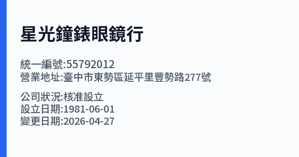 星光鐘錶眼鏡行的照片-統編 55792012(臺中市) 公司登記資料與營業項目詳細圖表