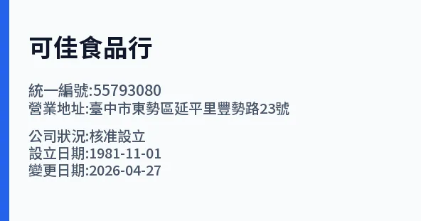 可佳食品行的照片-統編 55793080(臺中市) 公司登記資料與營業項目詳細圖表